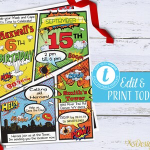 Comic Book Invitation, Superhero Birthday Invitation Instant Download ...