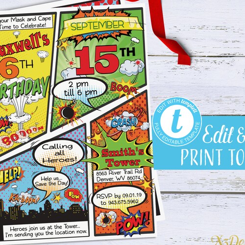 Comic Book Invitation Superhero Birthday Invitation Instant - Etsy