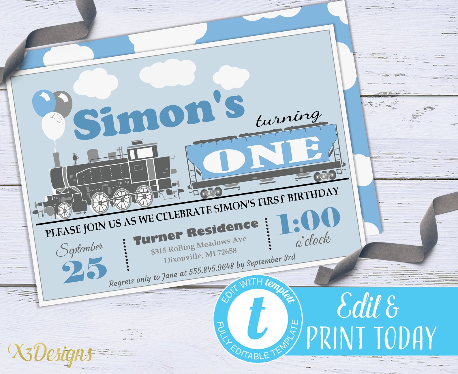 Train Birthday Invitation Instant Download First Birthday - Etsy