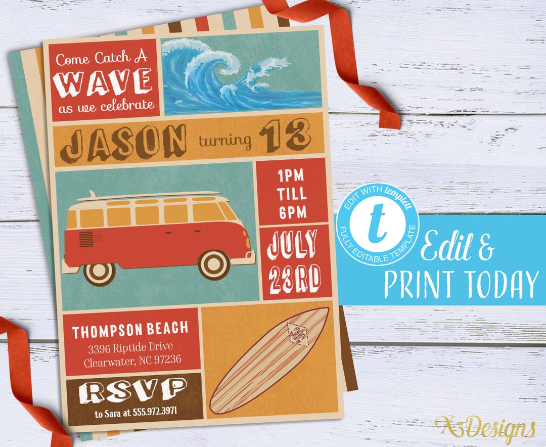 Surfing Invitation, Beach Birthday Invitation Instant Download ...