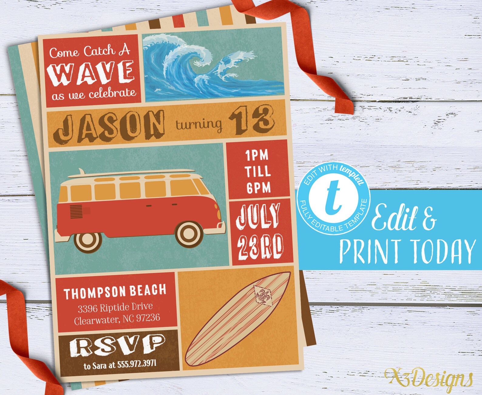 Surfing Invitation, Beach Birthday Invitation Instant Download ...