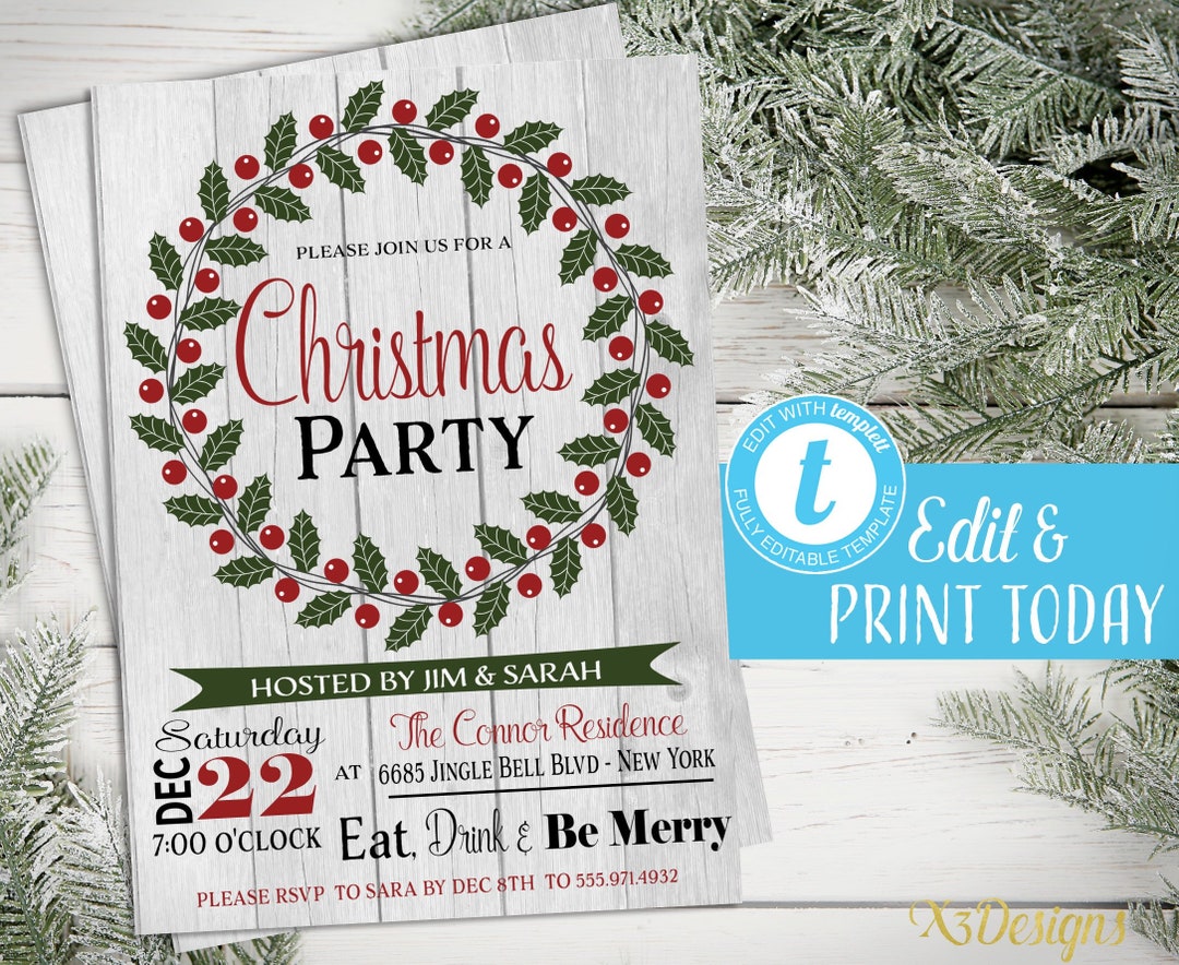 Rustic Christmas Party Invitation: Holiday Wreath (digital Download) - Etsy