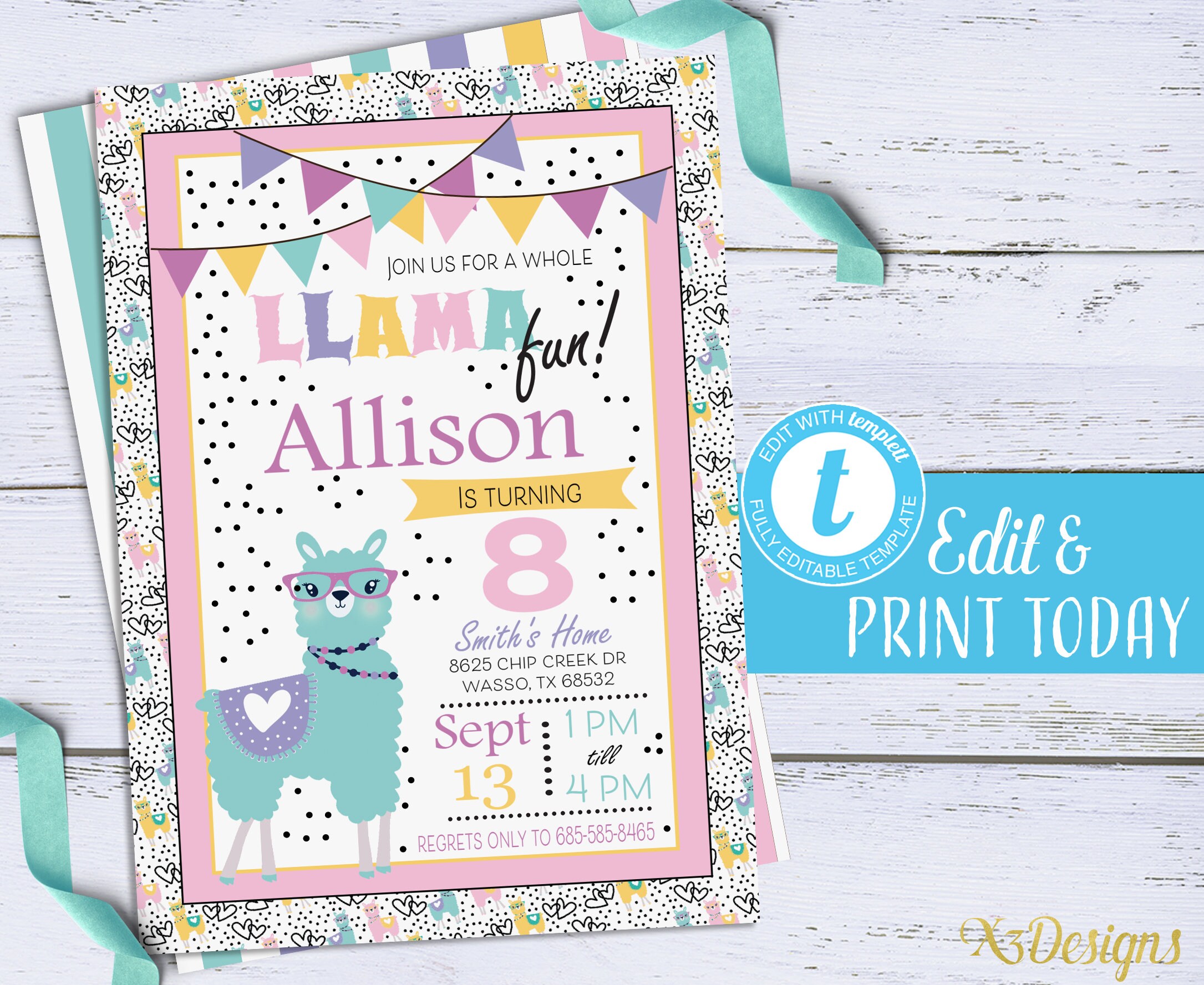 Llama Invitation Editable Template, Llama Birthday Invitation, Llama ...