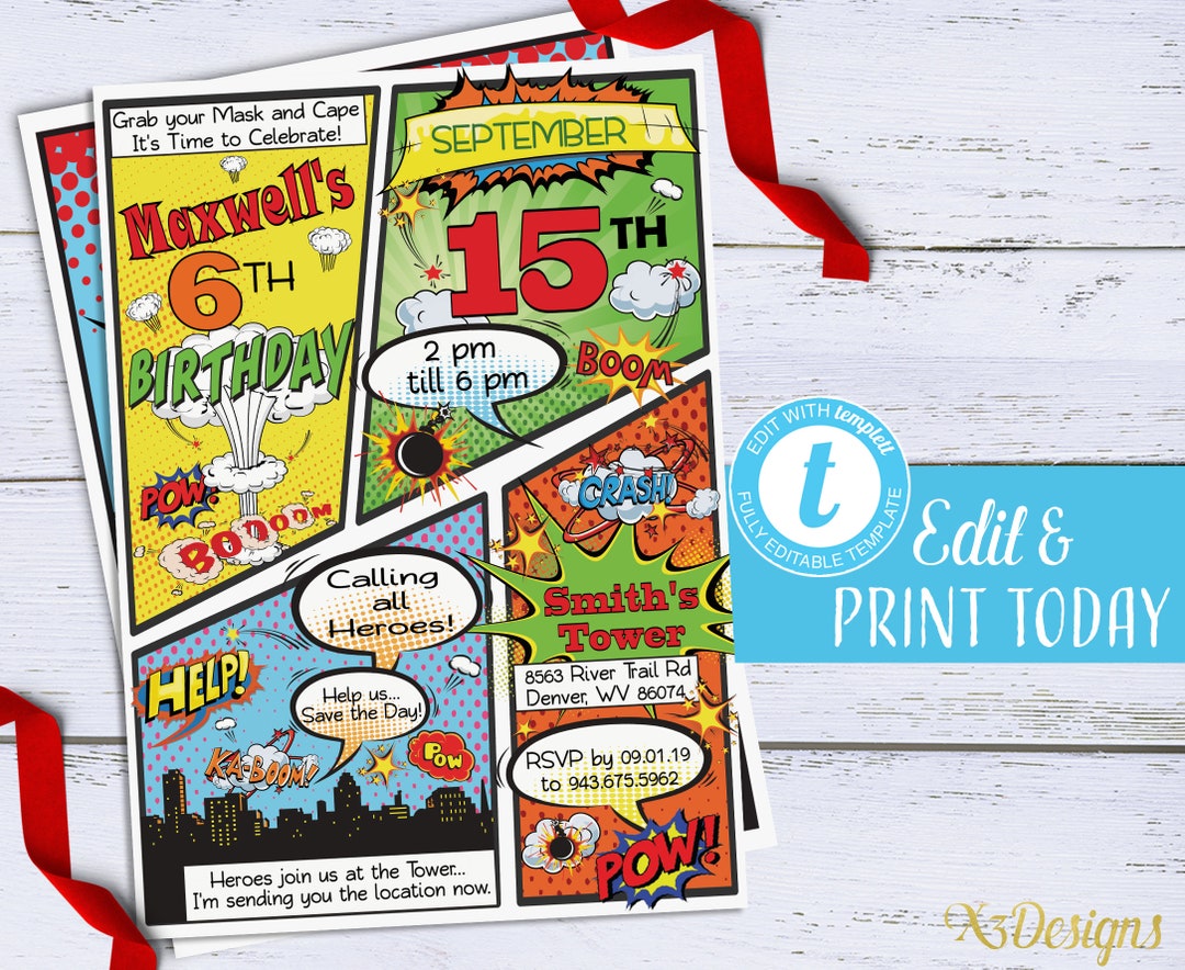 Comic Book Invitation, Superhero Birthday Invitation Instant Download ...