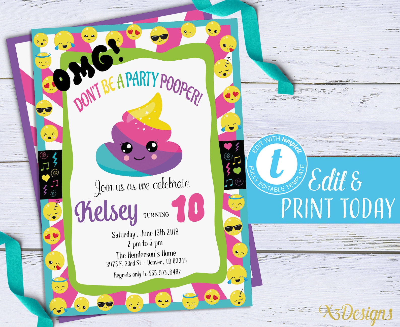 Emoji Birthday Invitation Instant Download, Emoji Invitation, Girl ...