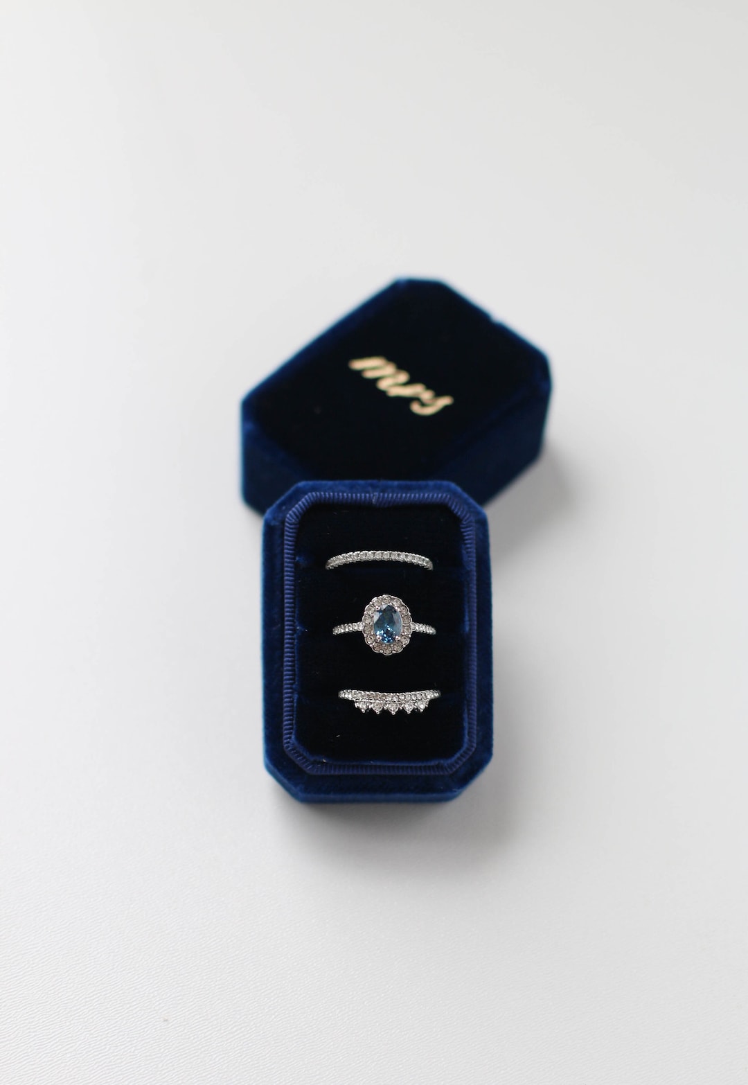Navy Blue Wedding Ring Box, Personalised Ring Box Three Slots, Velvet ...