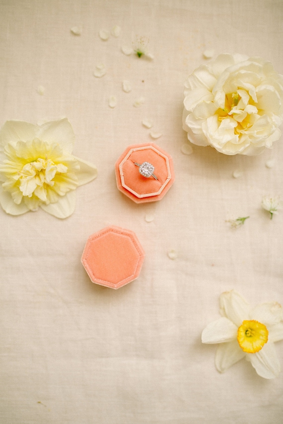 Peach Velvet Ring Box With Monogram Double Wedding Ring Box | Etsy