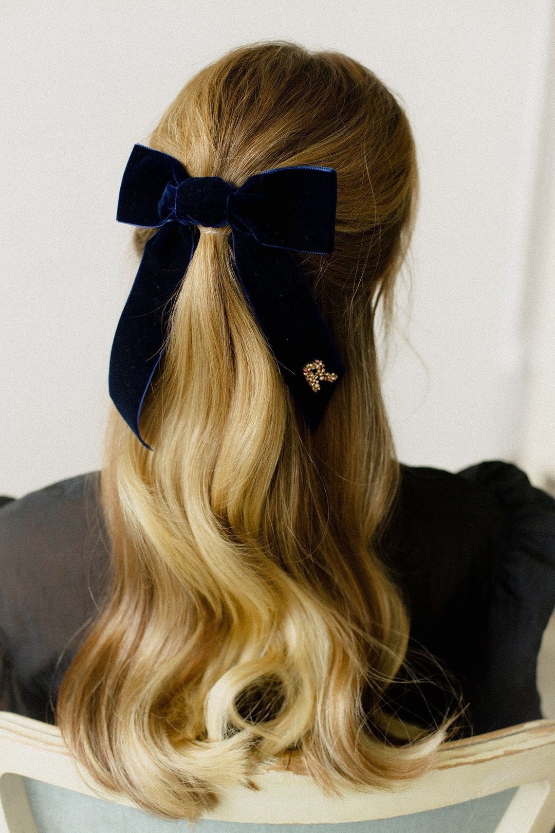 Personalised Navy Blue Velvet Hair Bow, Initial Hand Embroidered Bow ...