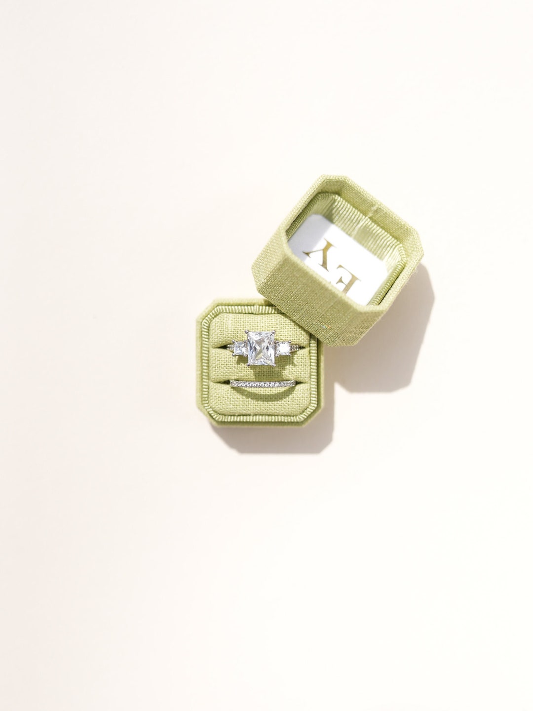 Linen Ring Box, Personalised Wedding Engagement Ring Box, Green Double Ring Box, Ring Bearer Box ...