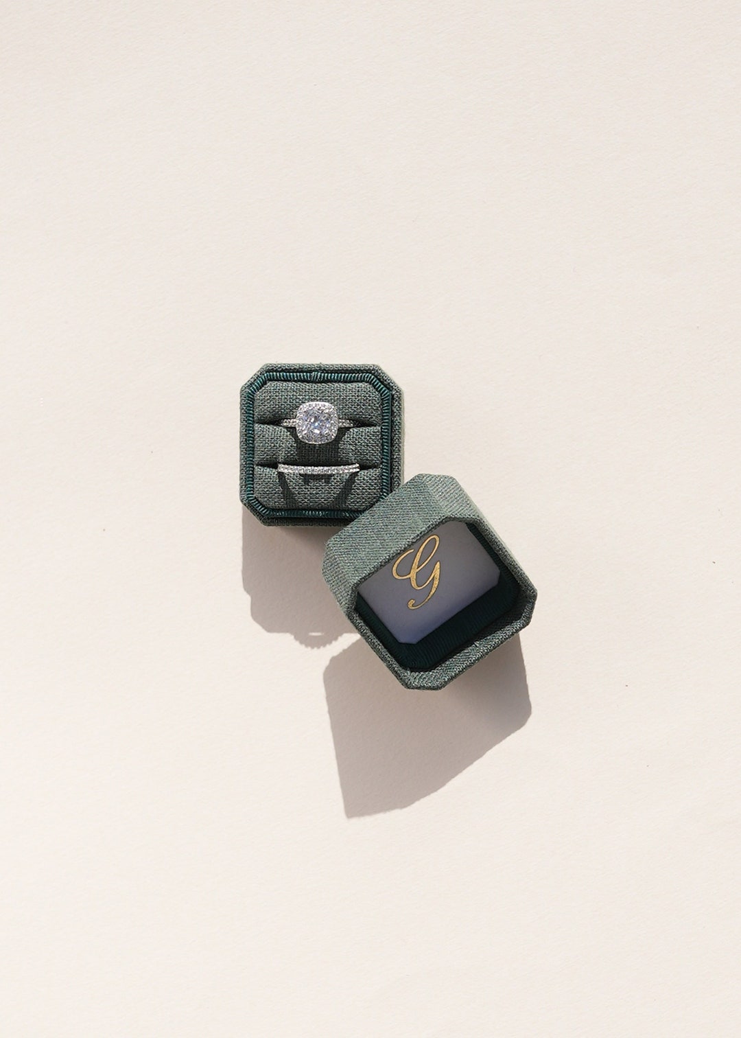 Linen Ring Box, Double Wedding Ring Box for Ceremony, Forest Green Ring ...