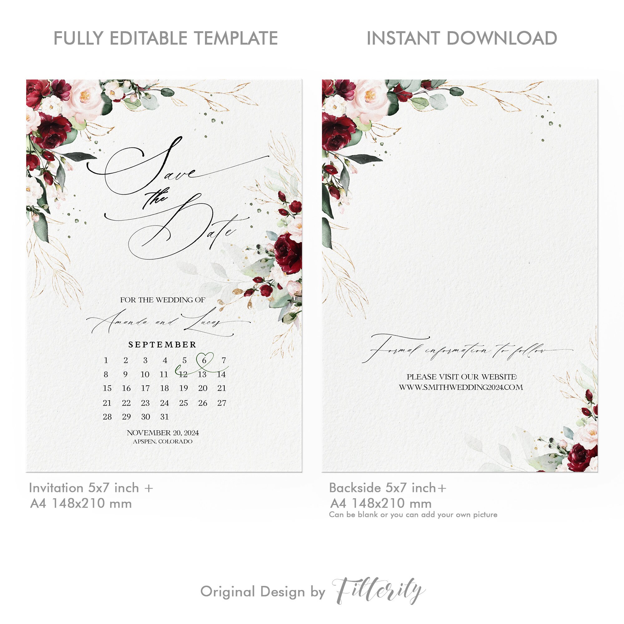 Burgundy Save The Date Calendar Save The Date Template With | Etsy