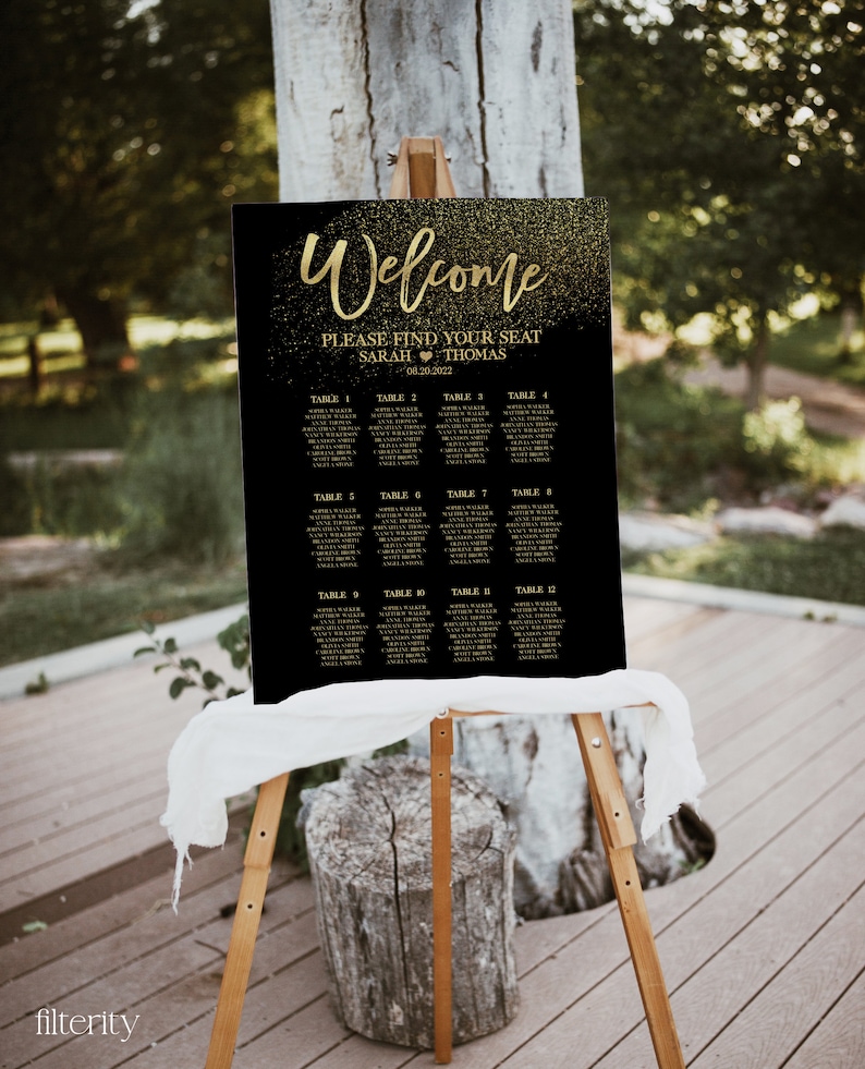 Black and Gold Wedding Seating Chart Template, Black Gold Glam Wedding ...