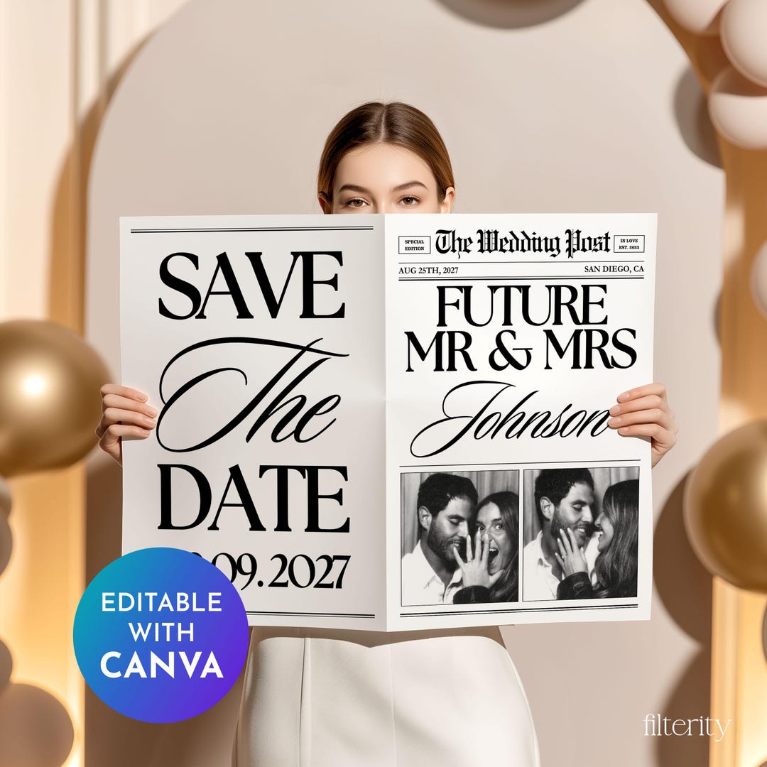 Save the Date Newspaper Template Canva, Wedding Save the Date ...