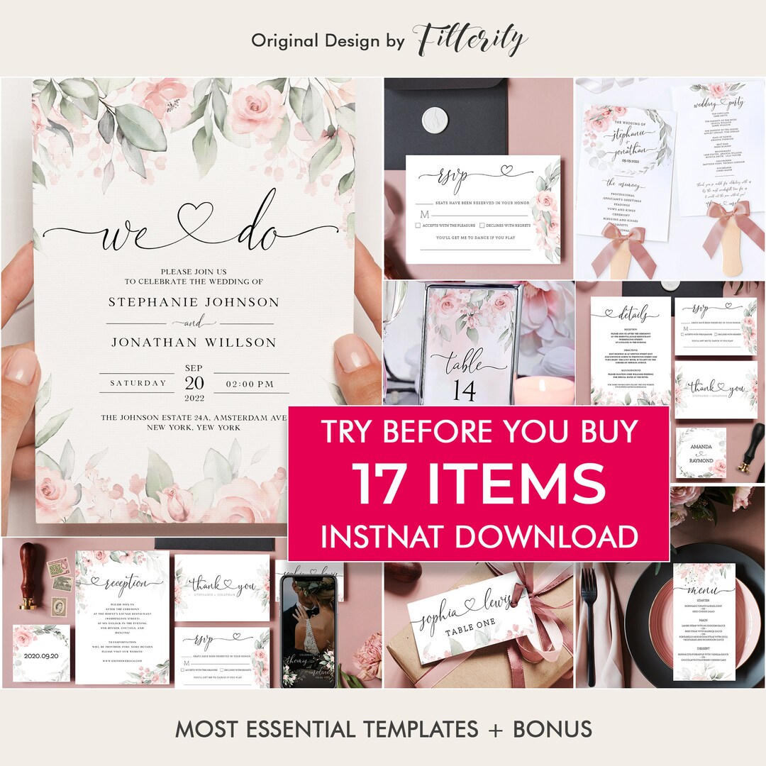 Printable Blush Floral Wedding Invitation Template Download, Table ...