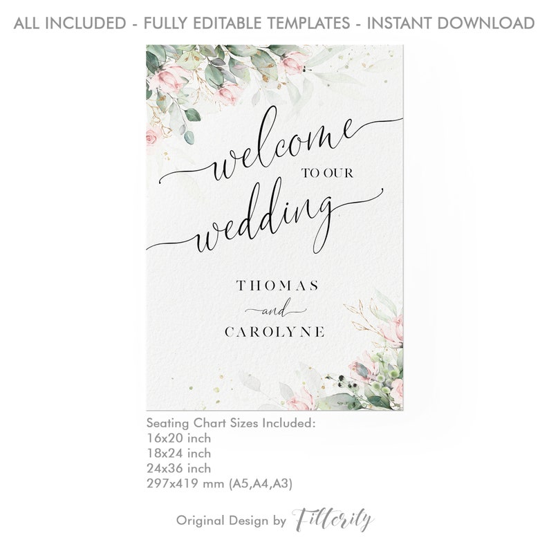 Rose Wedding Welcome Sign Template Welcome Sign Wedding | Etsy