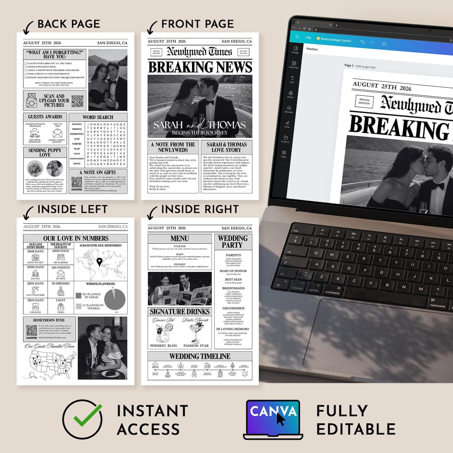 Newspaper Wedding Program Template - Order of Service, Wedding Day ...