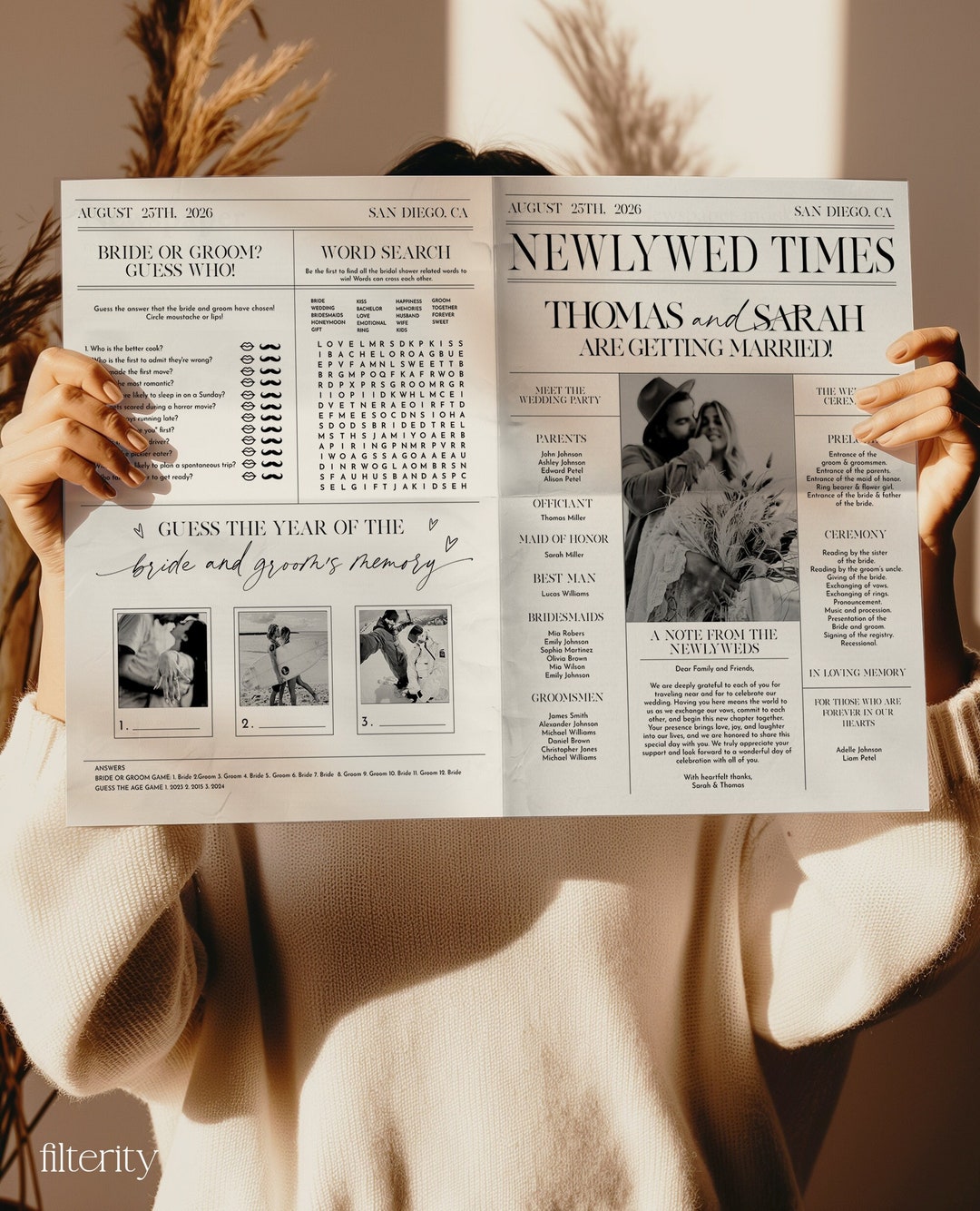 Folded Wedding Newspaper Template With Photo, Minimalist Wedding ...