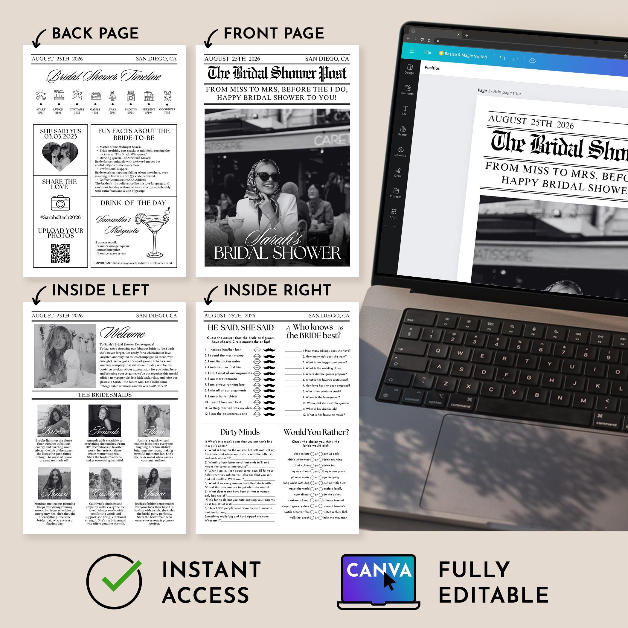 Bridal Shower Newspaper Template With Games Editable on Canva, the ...