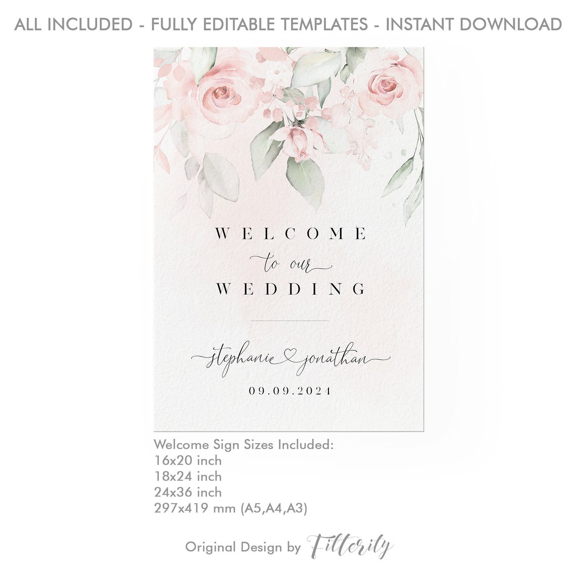 Rose Floral Wedding Welcome Sign Template, Welcome Sign Wedding ...
