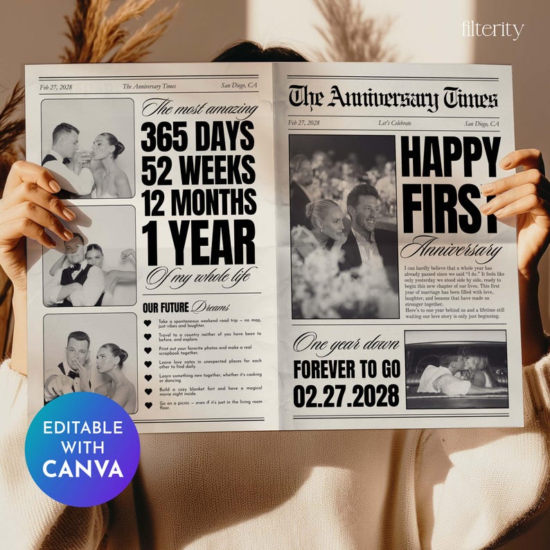 Wedding Anniversary Newspaper, 1 Year Anniversary Newspaper Canva ...