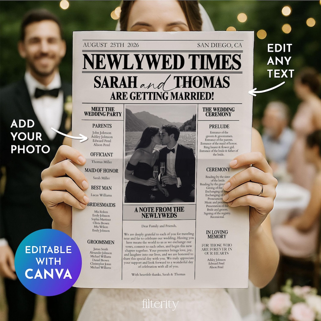 Newspaper Wedding Program Template - Order of Service, Wedding Day ...