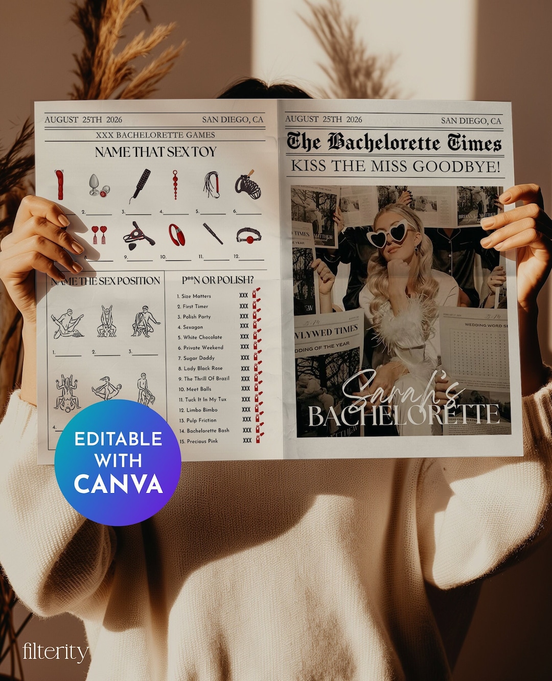 Bachelorette Party Newspaper Template With Games - Editable Canva ...
