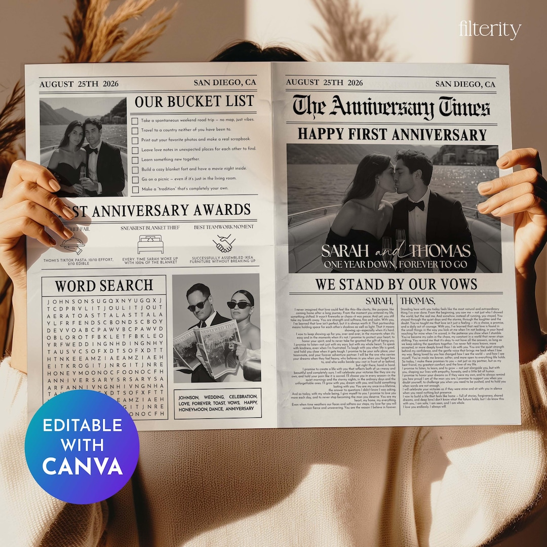Anniversary Newspaper Canva Template, 1st Anniversary Gift for Wife and ...
