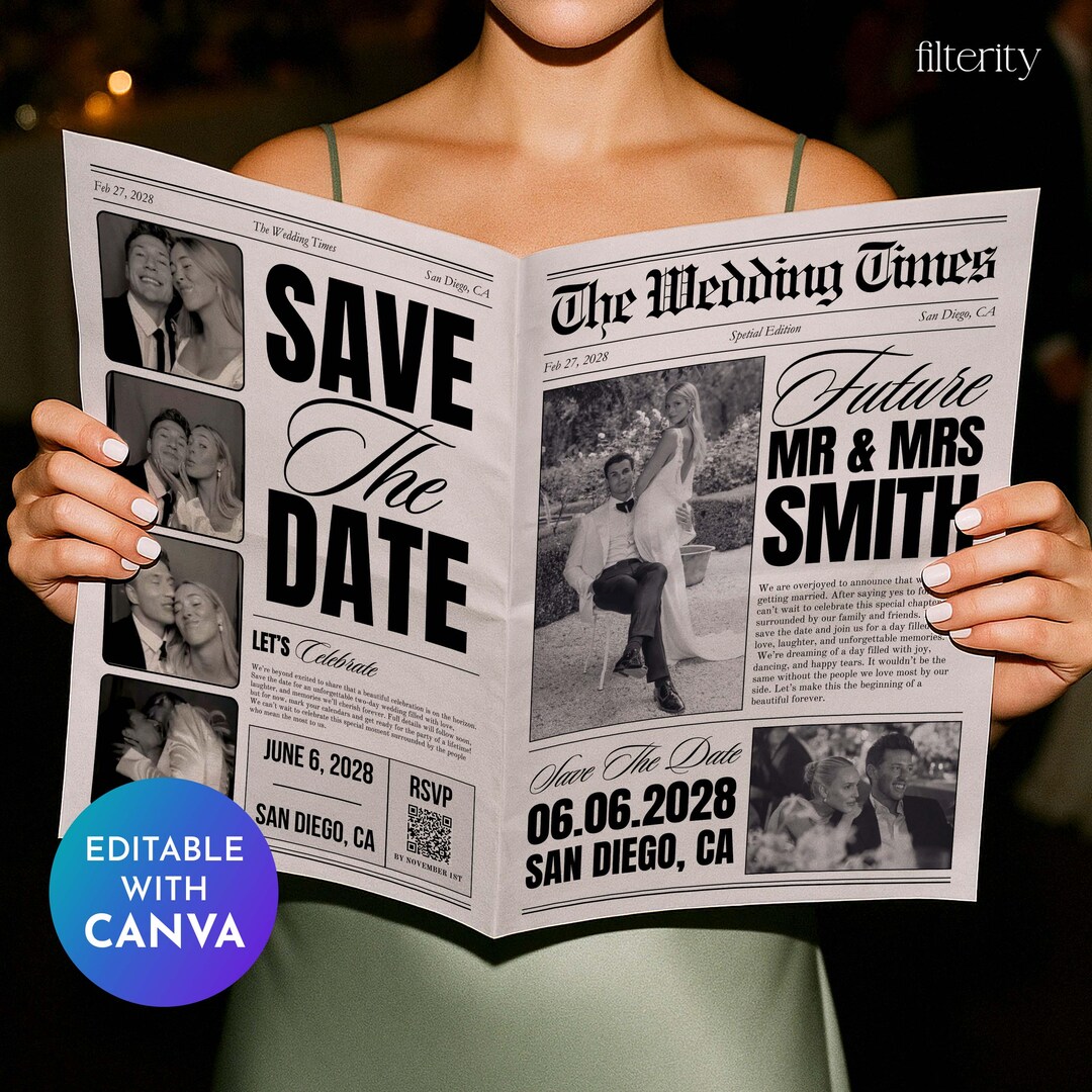 Save the Date Newspaper Template Canva, Wedding Save the Date ...