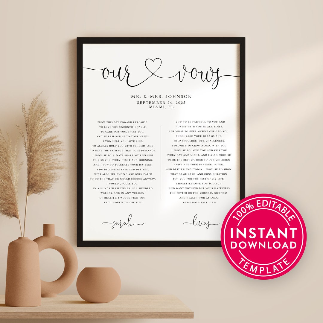 His and Hers Wedding Vows Wall Art Print Template Instant Download ...
