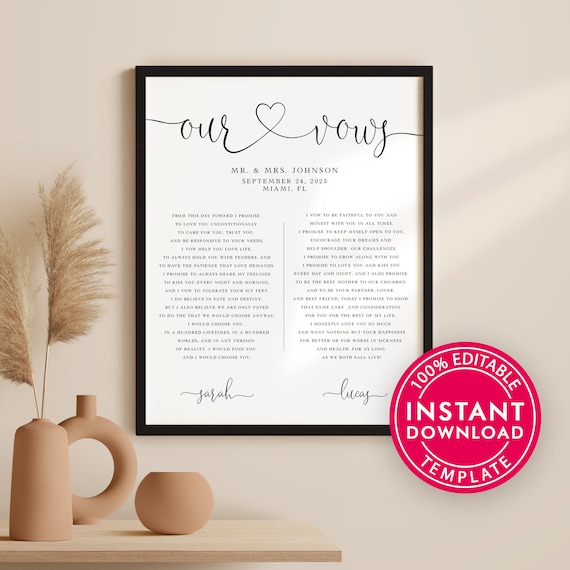 His and Hers Wedding Vows Wall Art Print Template Instant | Etsy