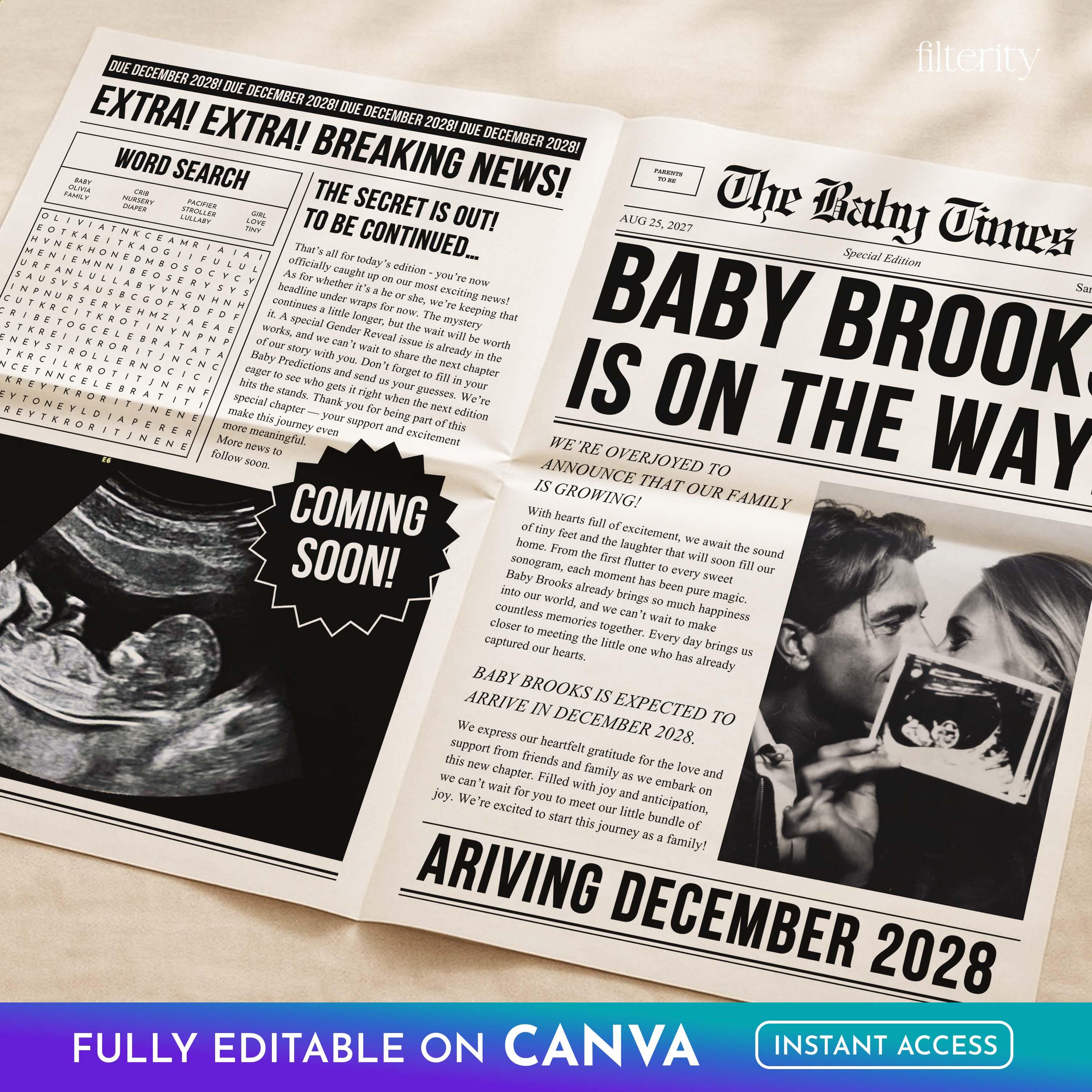 Newspaper Baby Announcement Template, Pregnancy Announcement Newspaper ...
