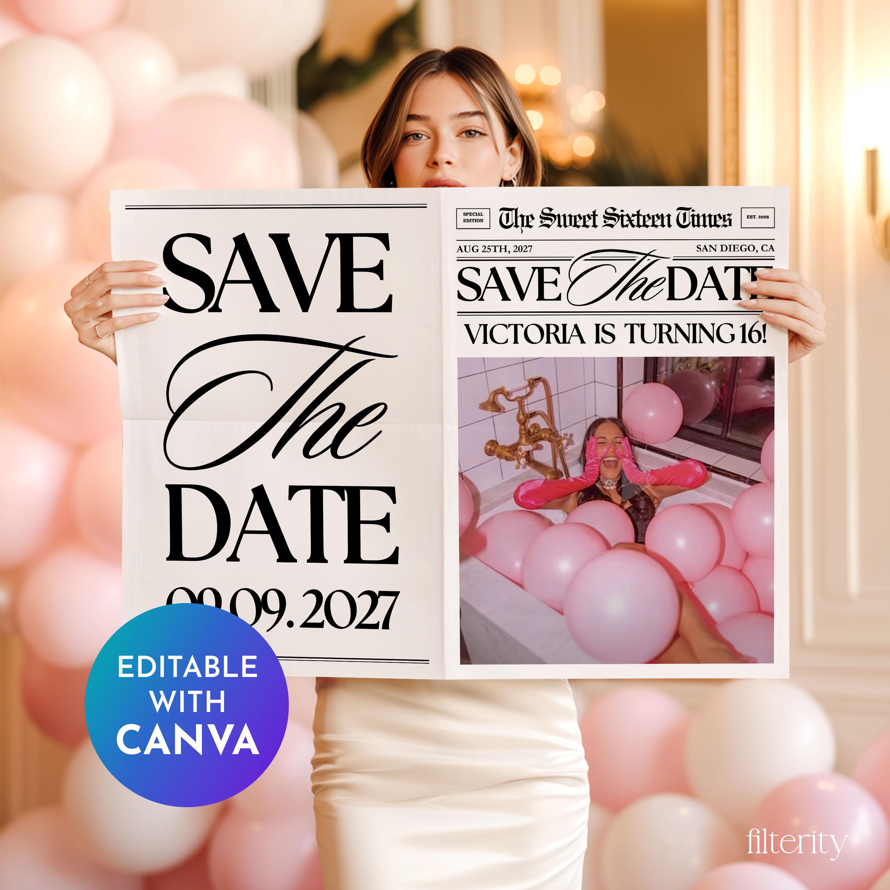 Sweet 16 Save the Date Newspaper | Birthday Newspaper Invite | Sweet 16 ...