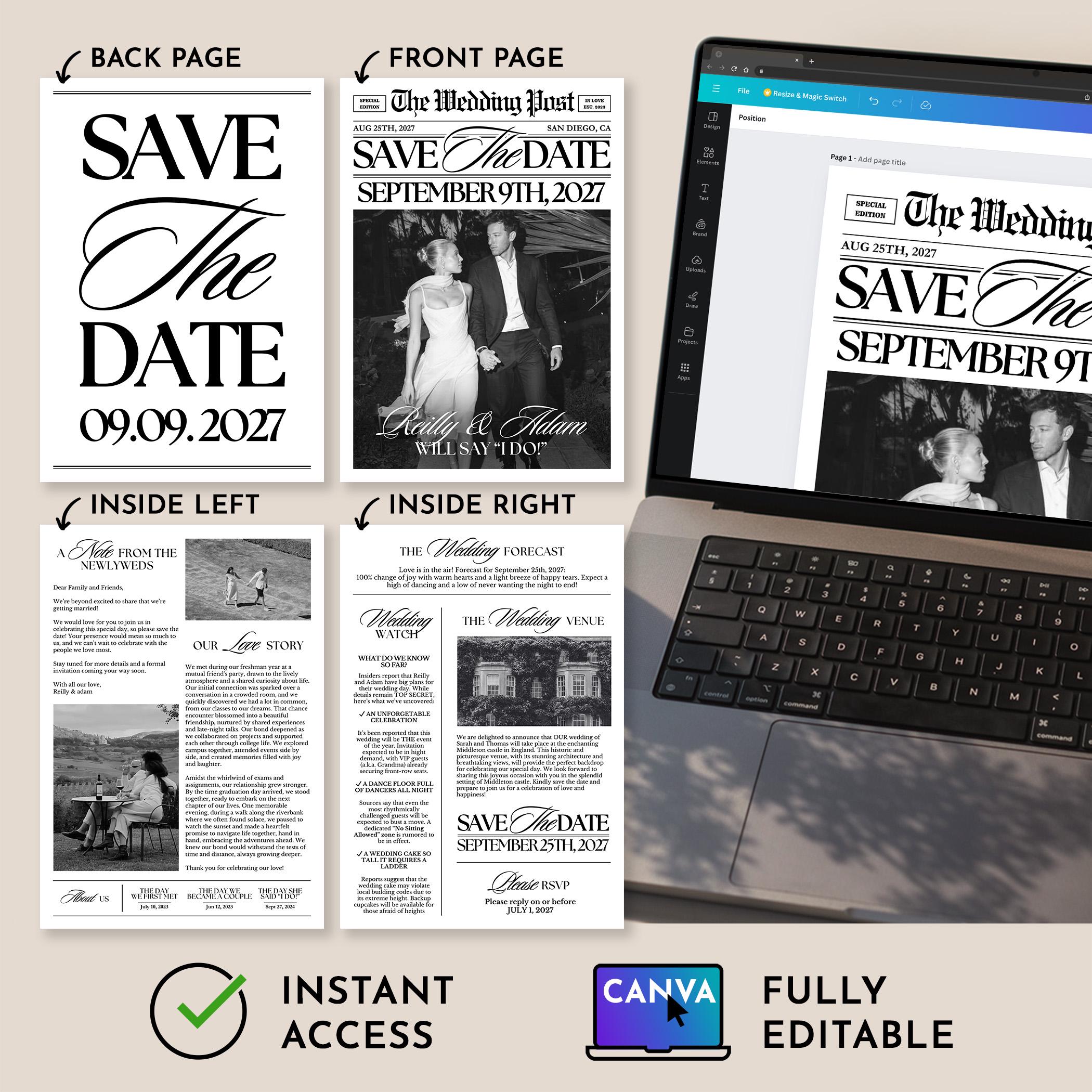 Save the Date Newspaper Template Canva, Wedding Save the Date ...