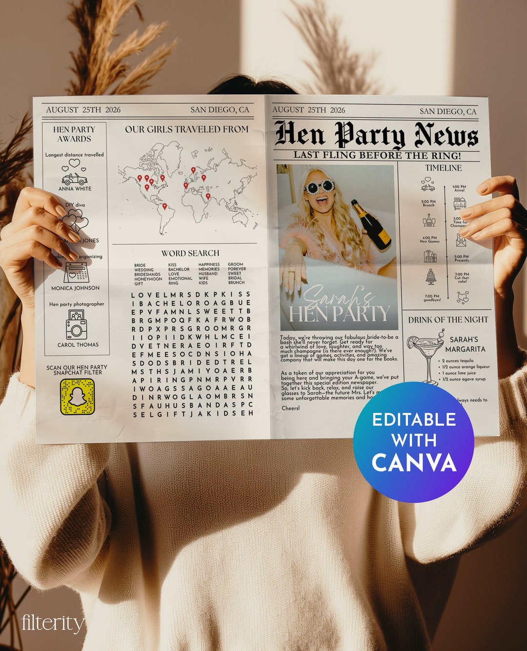 Hen Party Newspaper Template With Games Editable Canva Hen Party ...