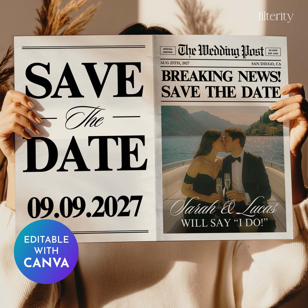 Save the Date Newspaper Template Canva, Wedding Save the Date ...
