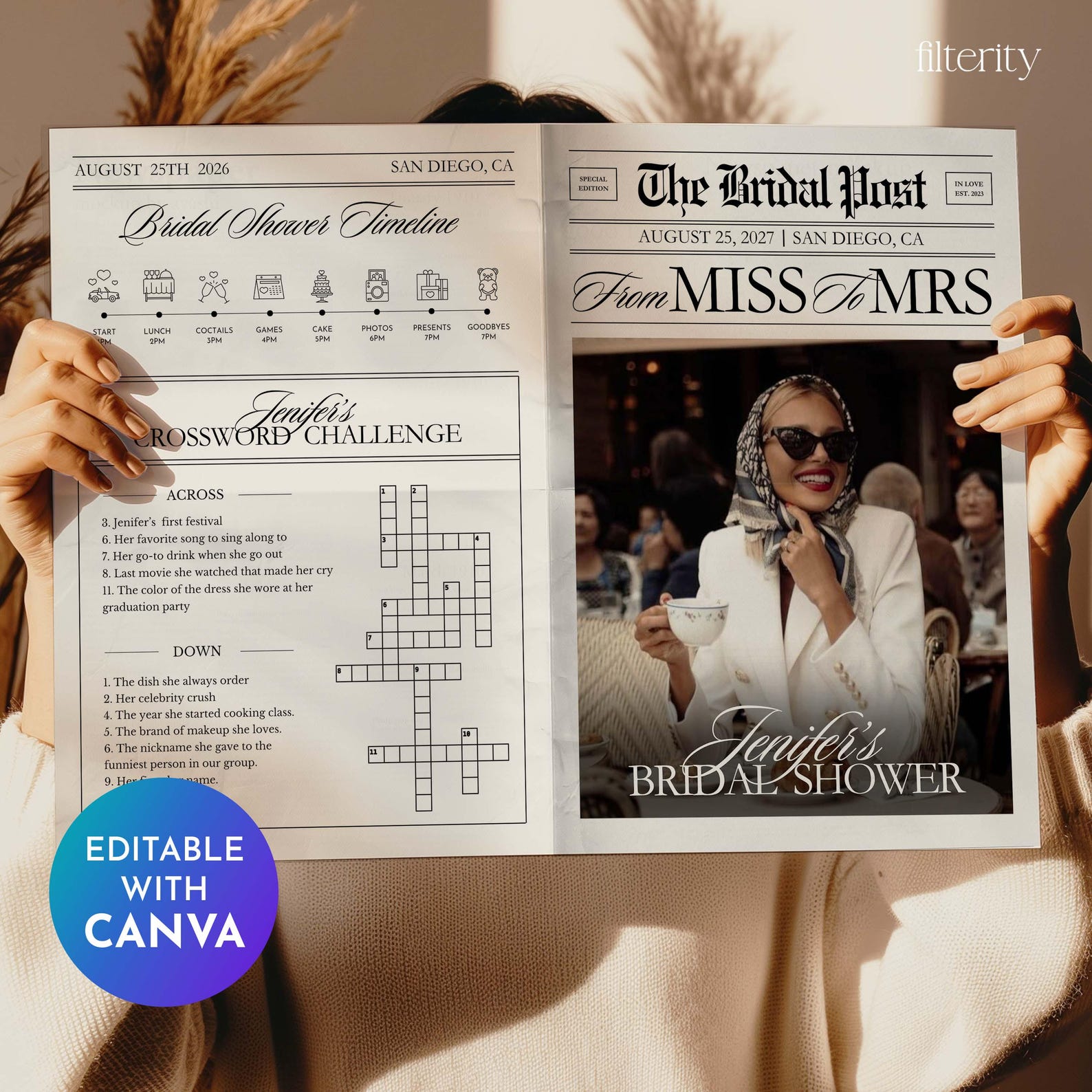 Bridal Shower Newspaper Template With Games Editable on Canva, the ...