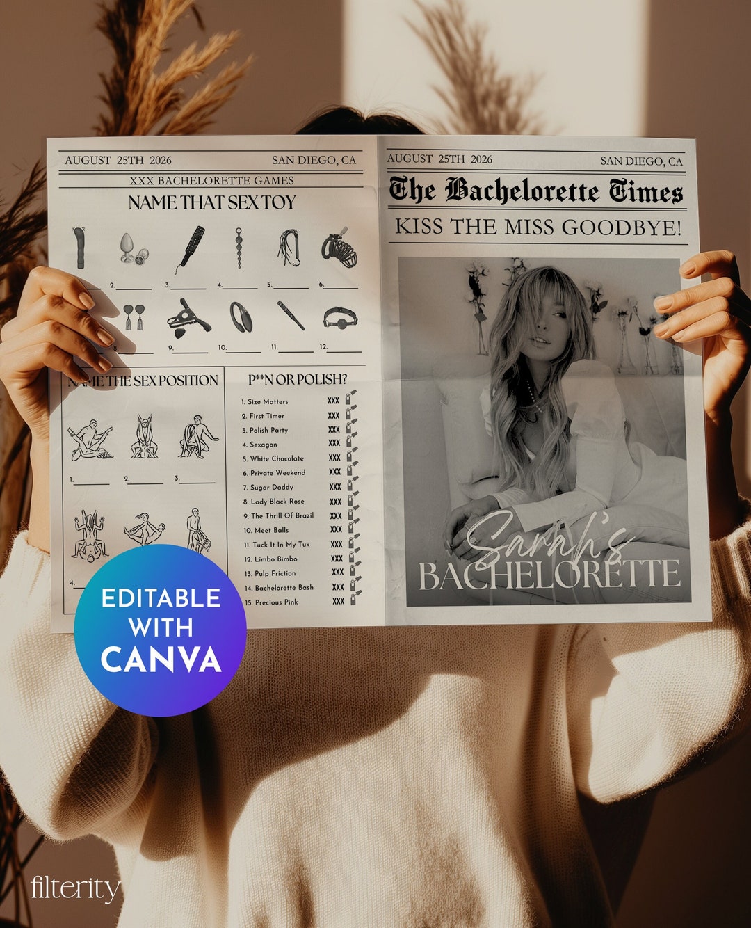Bachelorette Party Newspaper Template With Games - Editable Canva ...