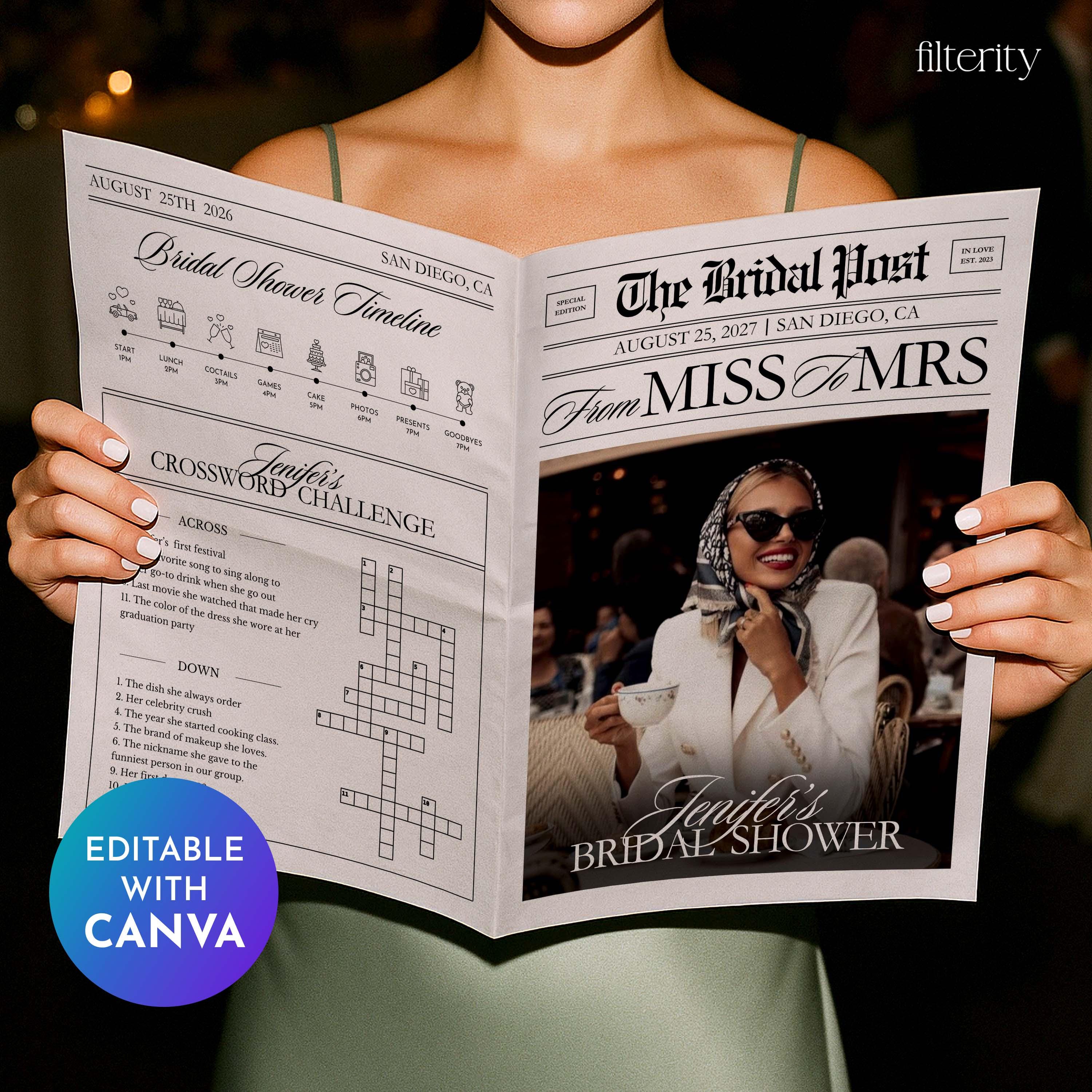 Bridal Shower Newspaper Template With Games Editable on Canva, the ...