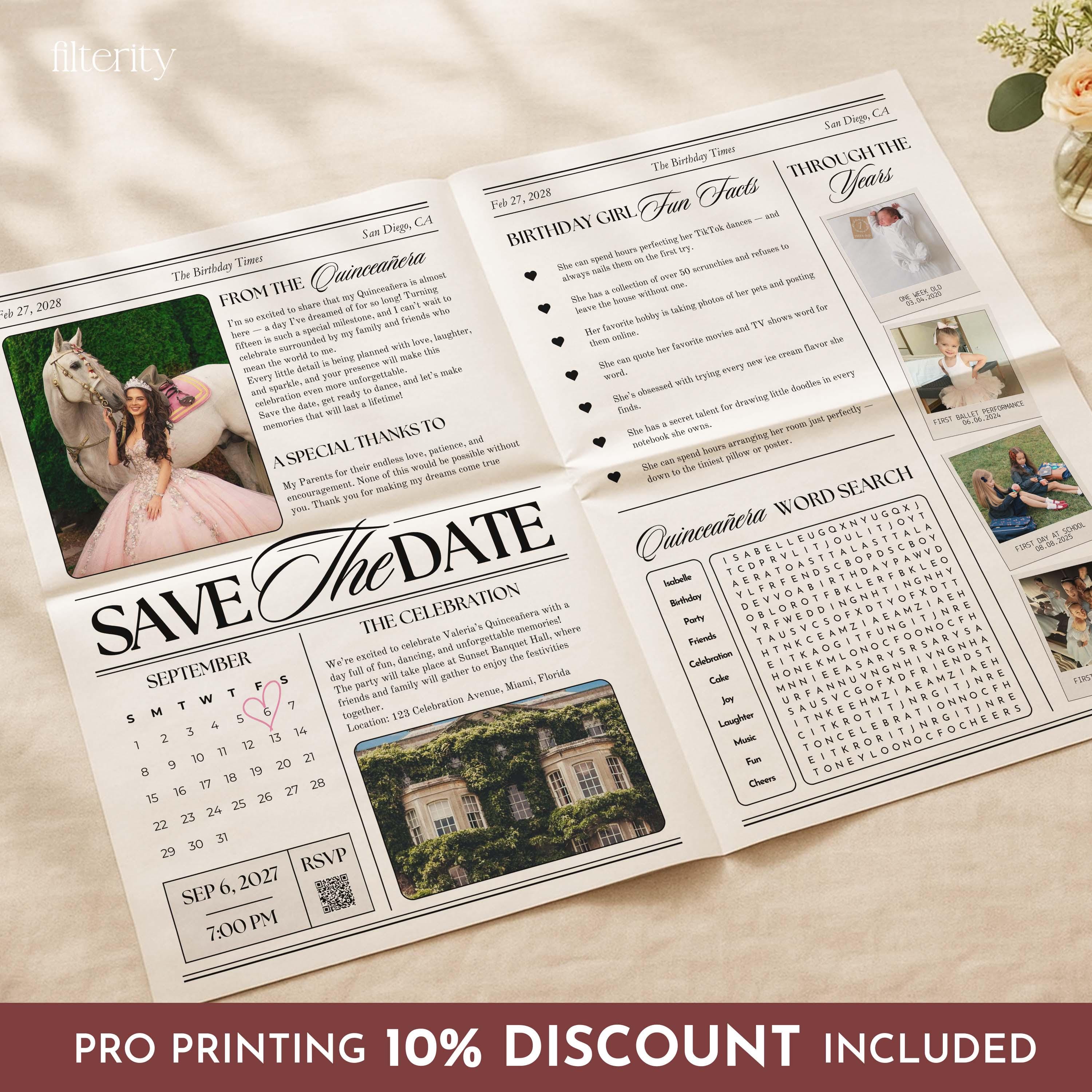 Quinceanera Save the Date Newspaper | Canva Template | Quinceañera ...