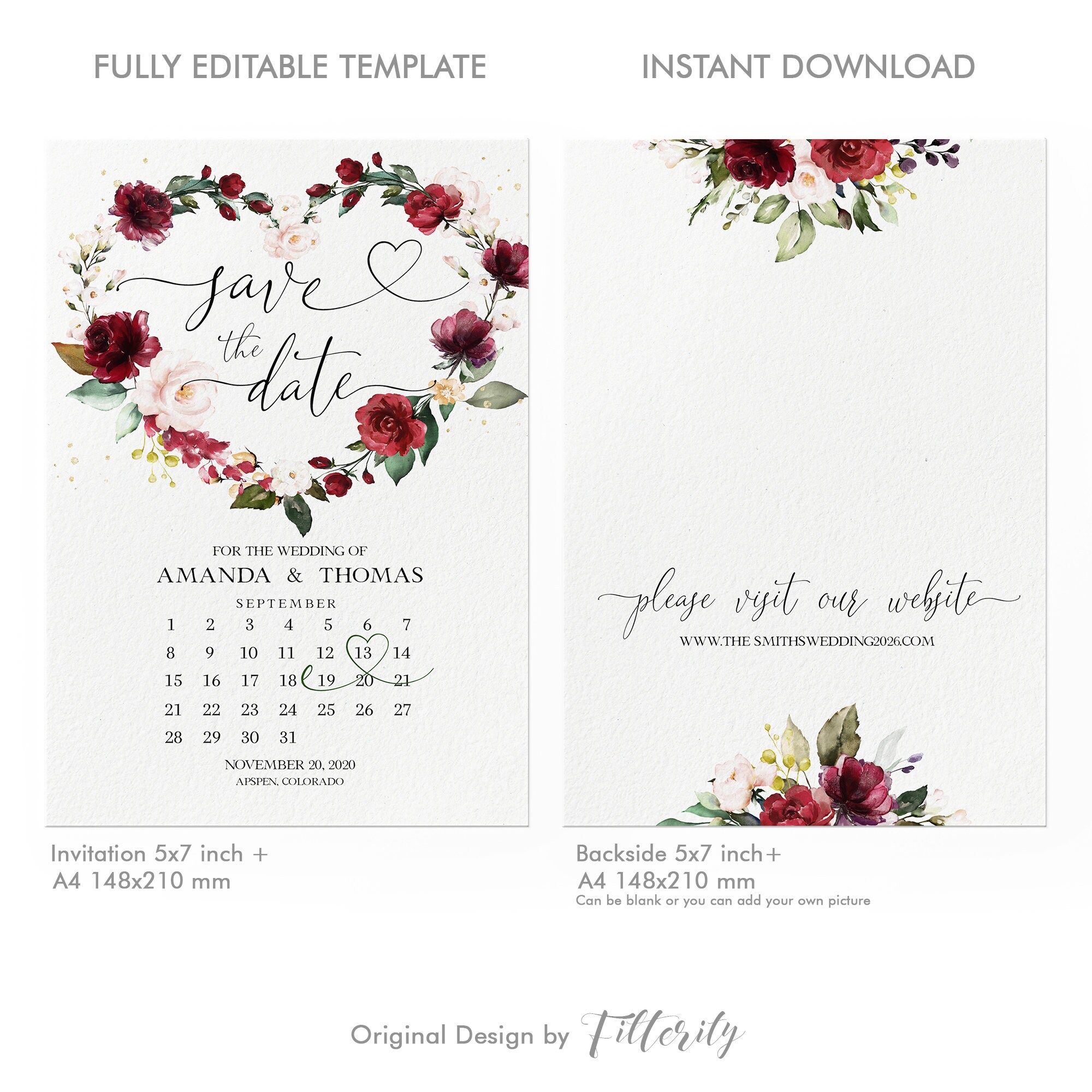 Burgundy Save The Date Calendar Save The Date Template With | Etsy