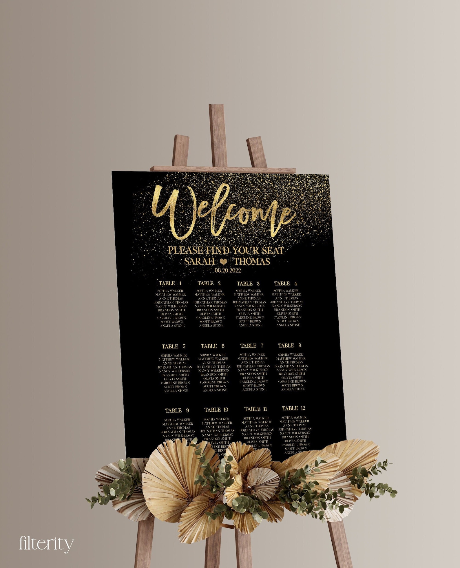 Black and Gold Wedding Seating Chart Template, Black Gold Glam Wedding ...