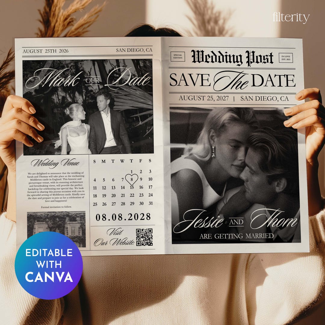 Save the Date Newspaper Template Canva, Wedding Save the Date ...