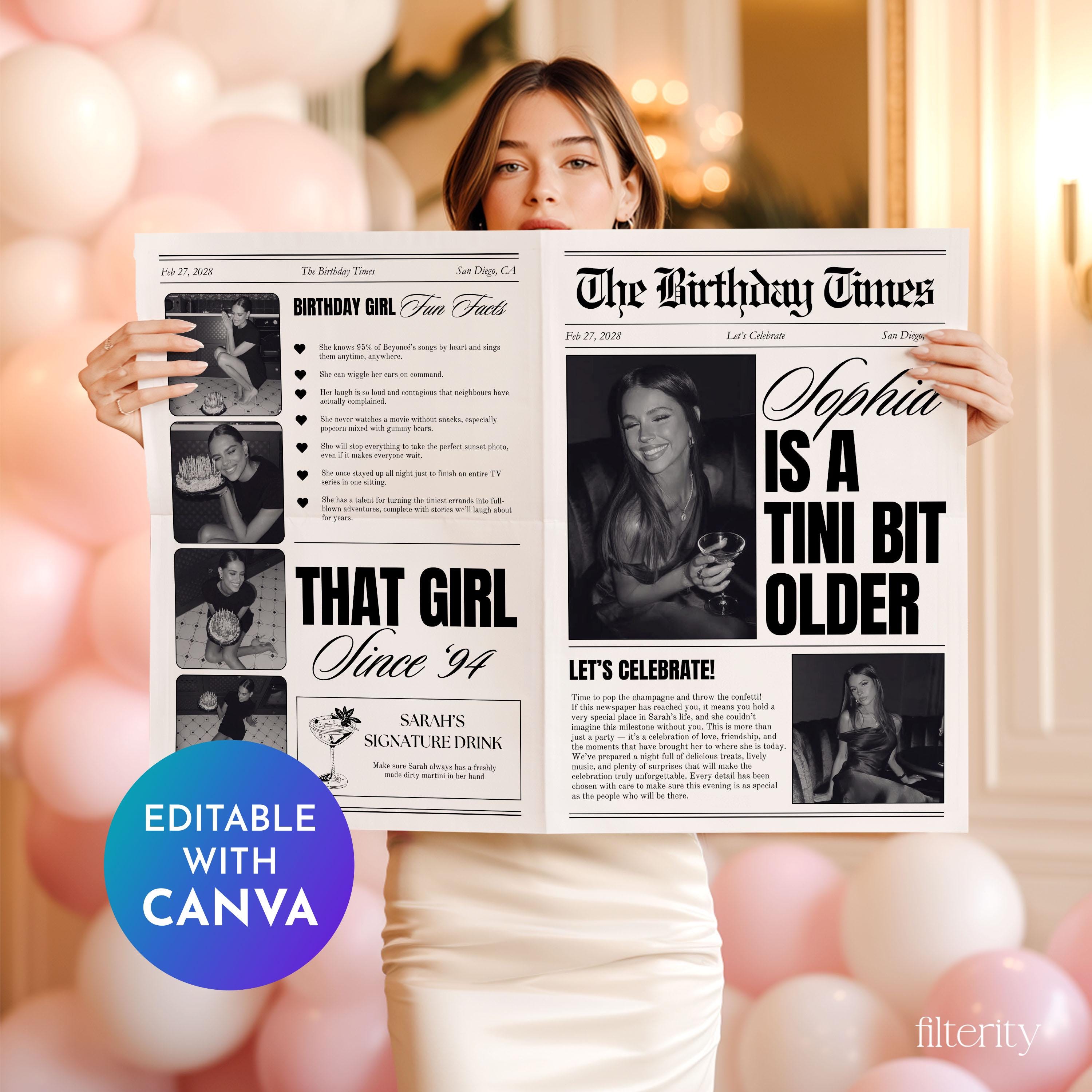 A Tiny Bit Older Newspaper, Birthday Newspaper Canva Template, Birthday ...
