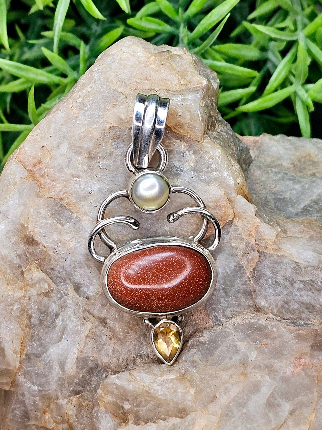 Goldstone, Pearl, Citrine and 925 Silver Pendant Necklace - Etsy