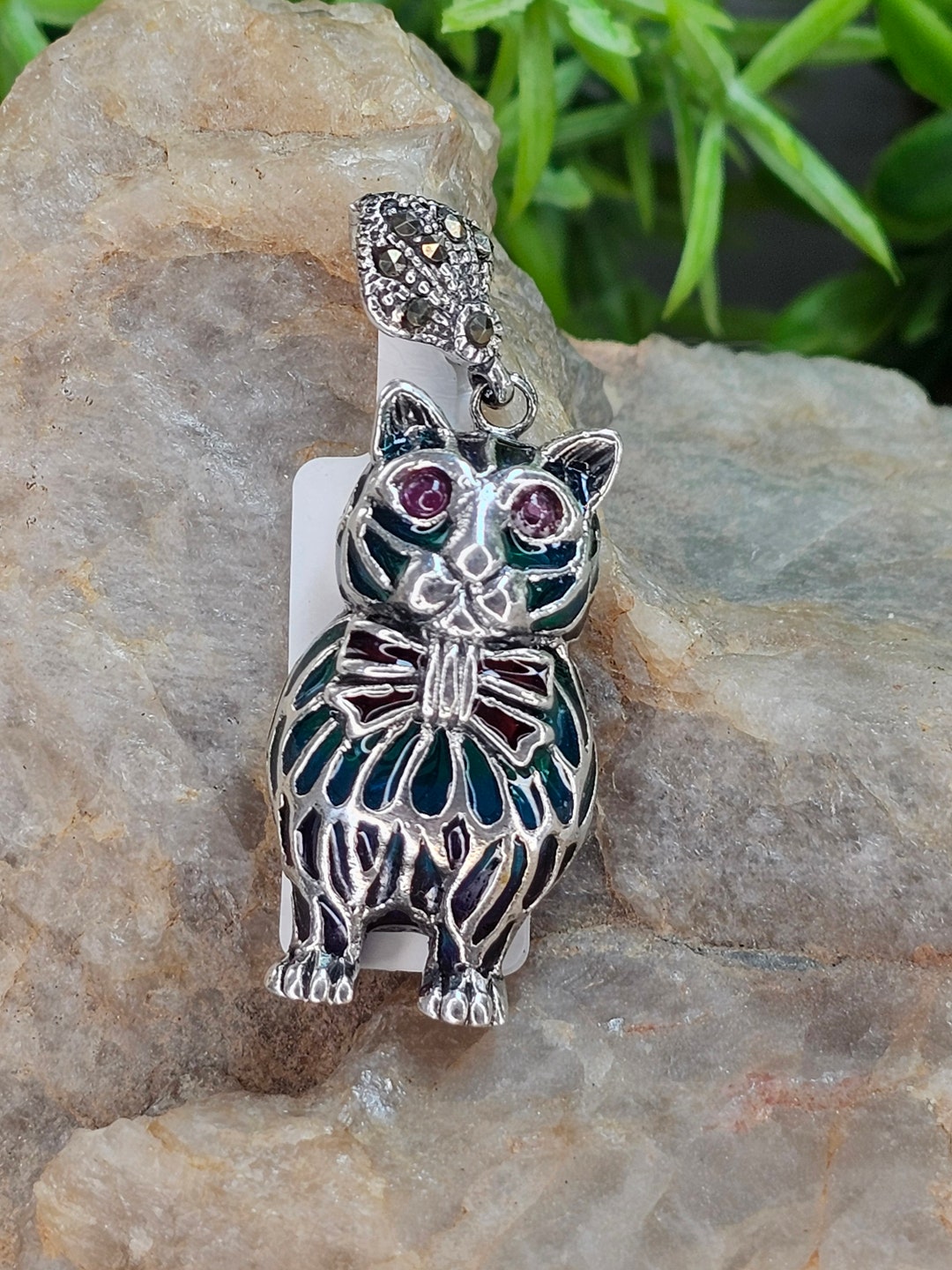 Ruby, Marcasite, 925 Silver and Enamel Cat Pendant Necklace - Etsy