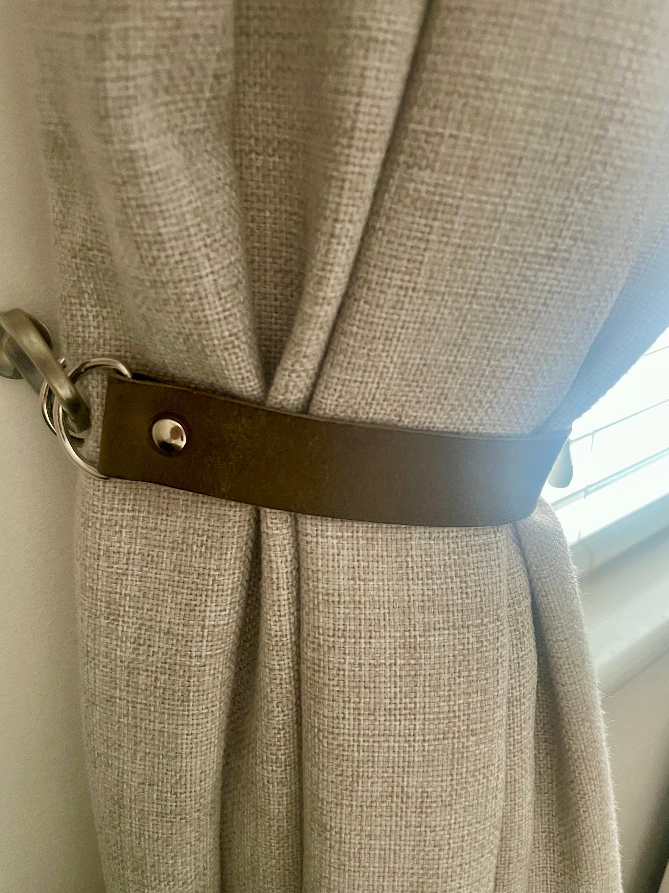 1 X 12 Inch Olive Green Leather Curtain Tie Backs , Leather Curtain Ties, Leather Tieback Scandi ...