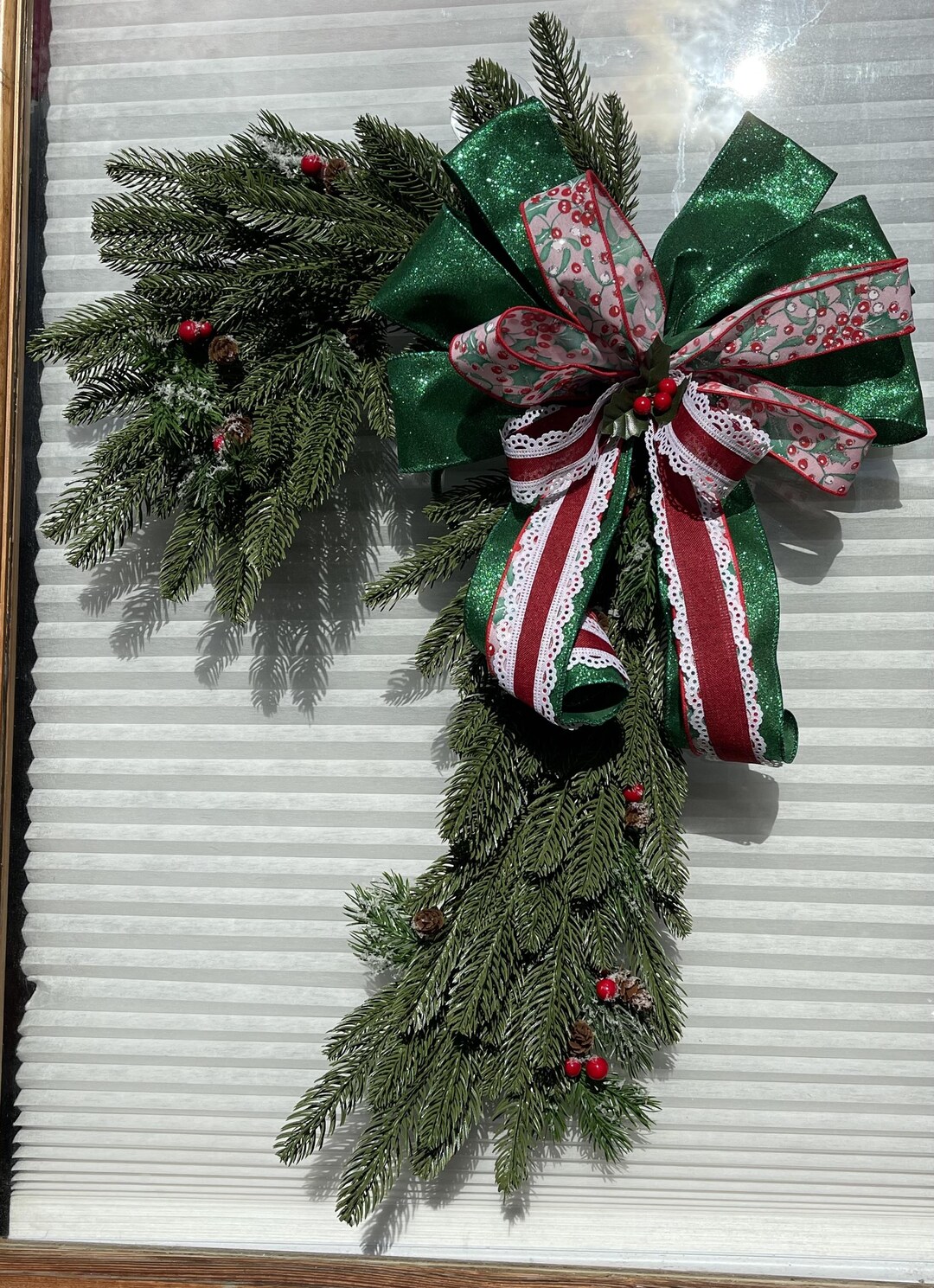 Rustic Christmas Candy Cane Swag With Faux Evergreen Sprigs and Festive ...
