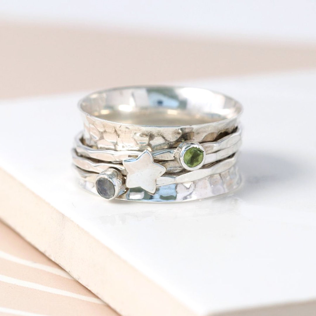 Silver Spinner Ring, Star Spinner Ring, Peridot, Rainbow Moonstone ...
