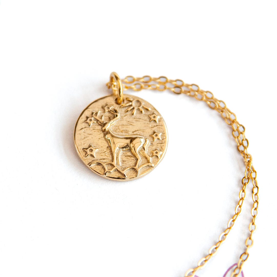 Gold Pendant Necklace, Small Deer Coin Charm, Layering Gold Medallion ...