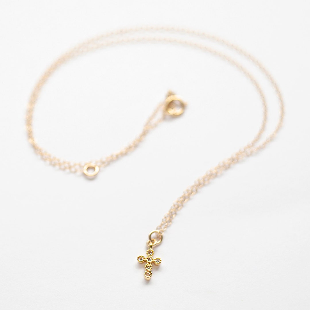 Tiny Gold Cross Necklace, Gold & Crystal Cross, Gold Cross, Cubic ...